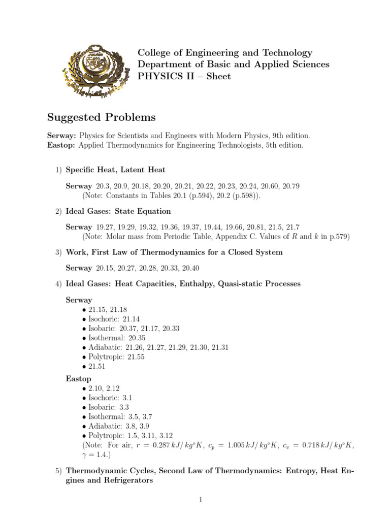 Physics II Problem Set: Thermodynamics | PDF | Waves | Gases