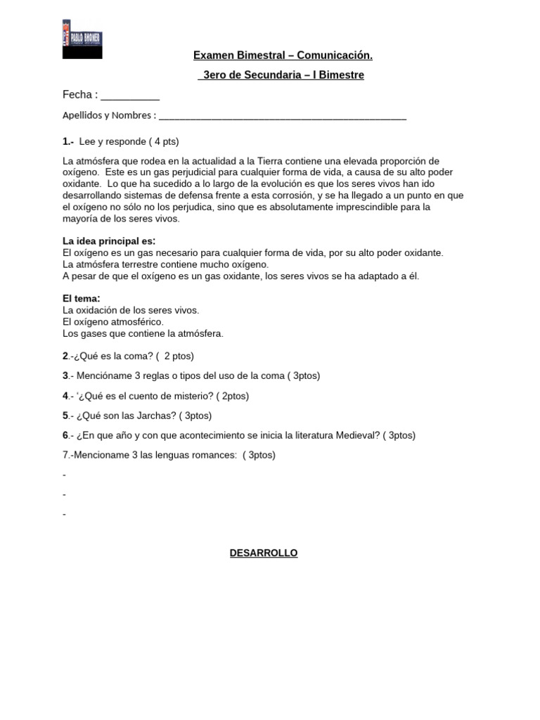 Examen Bimestral 3ERO de secundaria Comunicacion | PDF