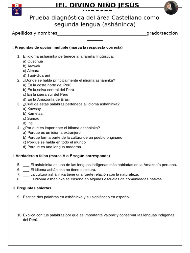 Prueba Diagnóstica Del Área Castellano Como Segunda Lengua 1 | PDF