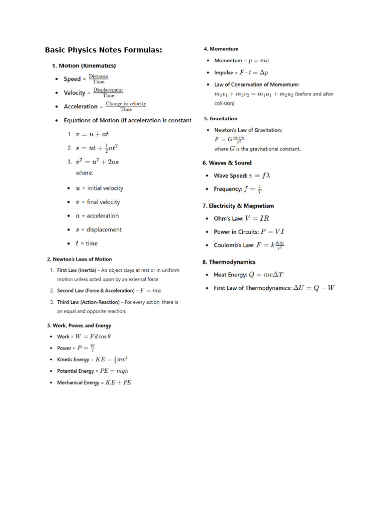 Basic Physics Notes Formula | PDF