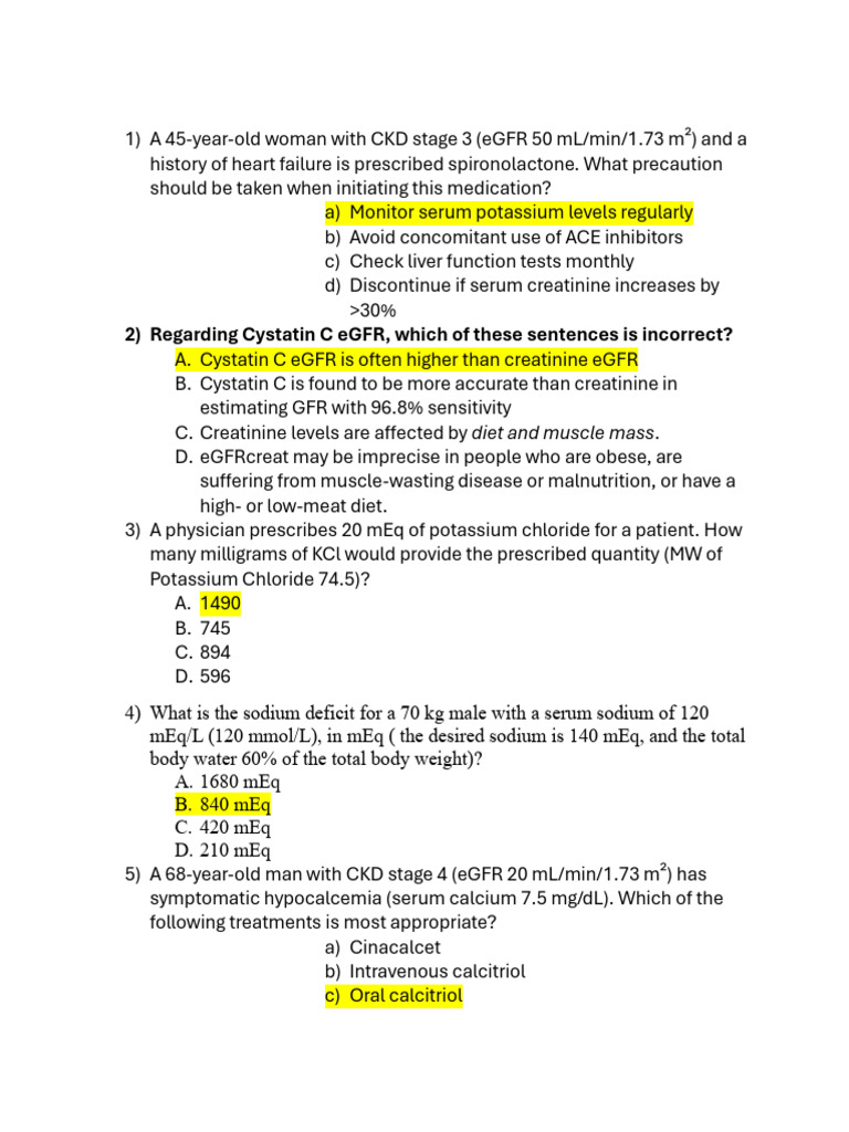 MCQ With Answers For Acute Renal Failure and CKD | PDF | Chronic Kidney ...