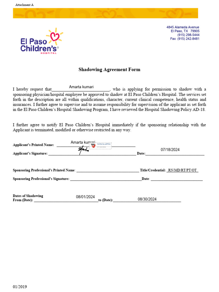 El Paso Children's Hospital Shadowing Form | PDF
