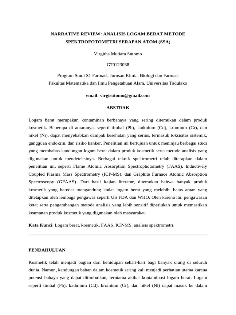 Narrative Review: Analisis Logam Berat Metode Spektrofotometri Serapan Atom (Ssa) | PDF