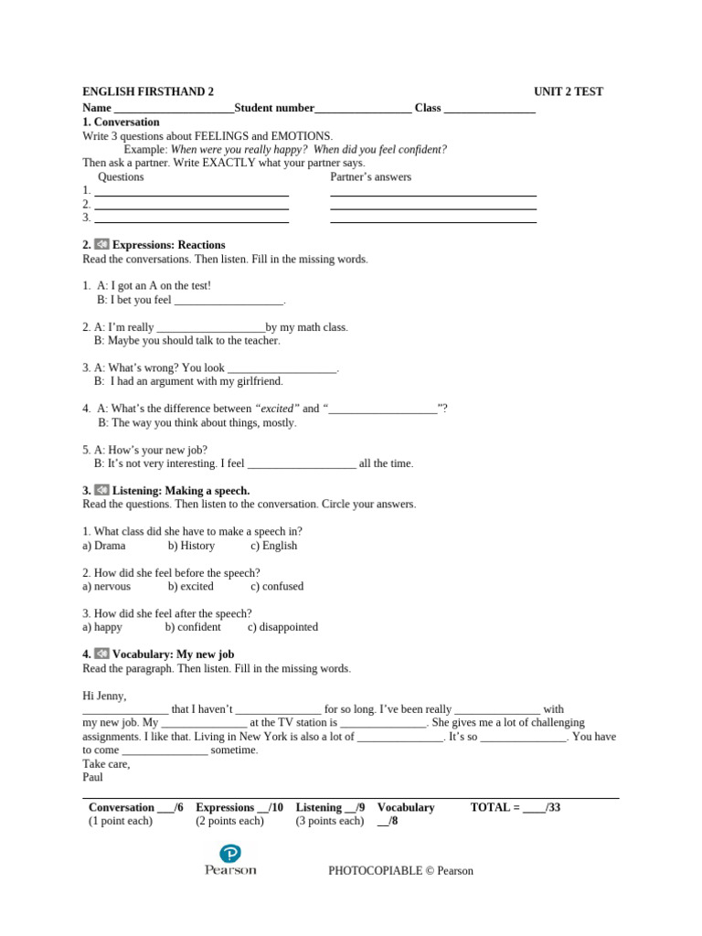 Unit 2 Test: Feelings & Emotions | PDF