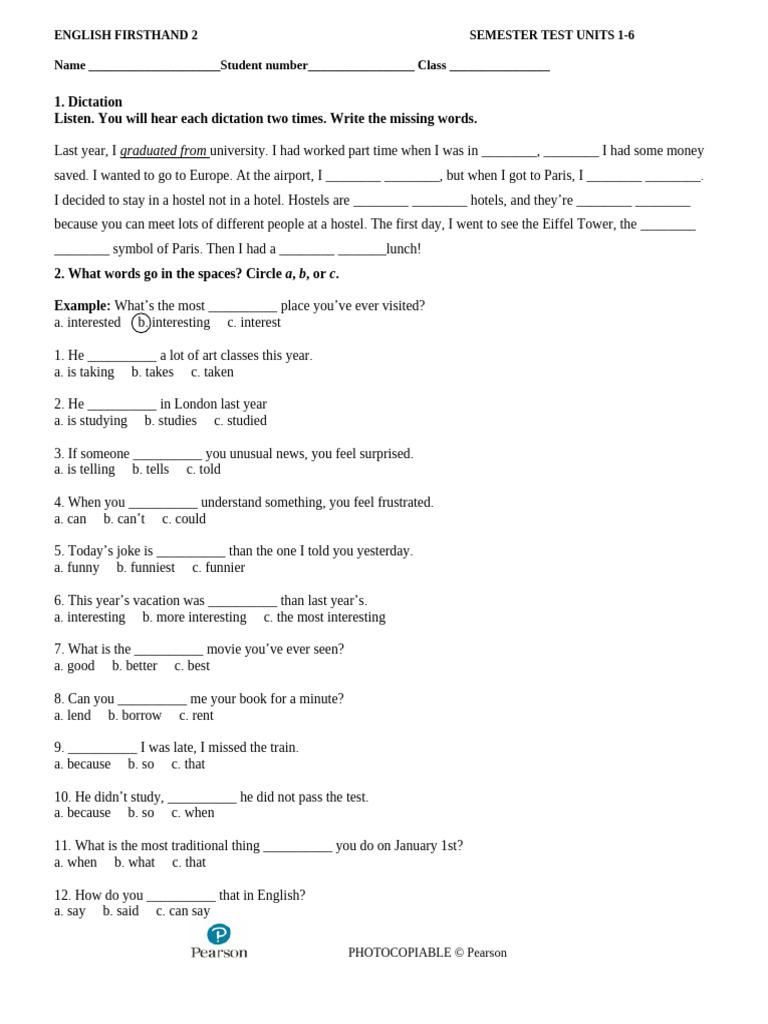 Semester Test: English Firsthand 2 | PDF