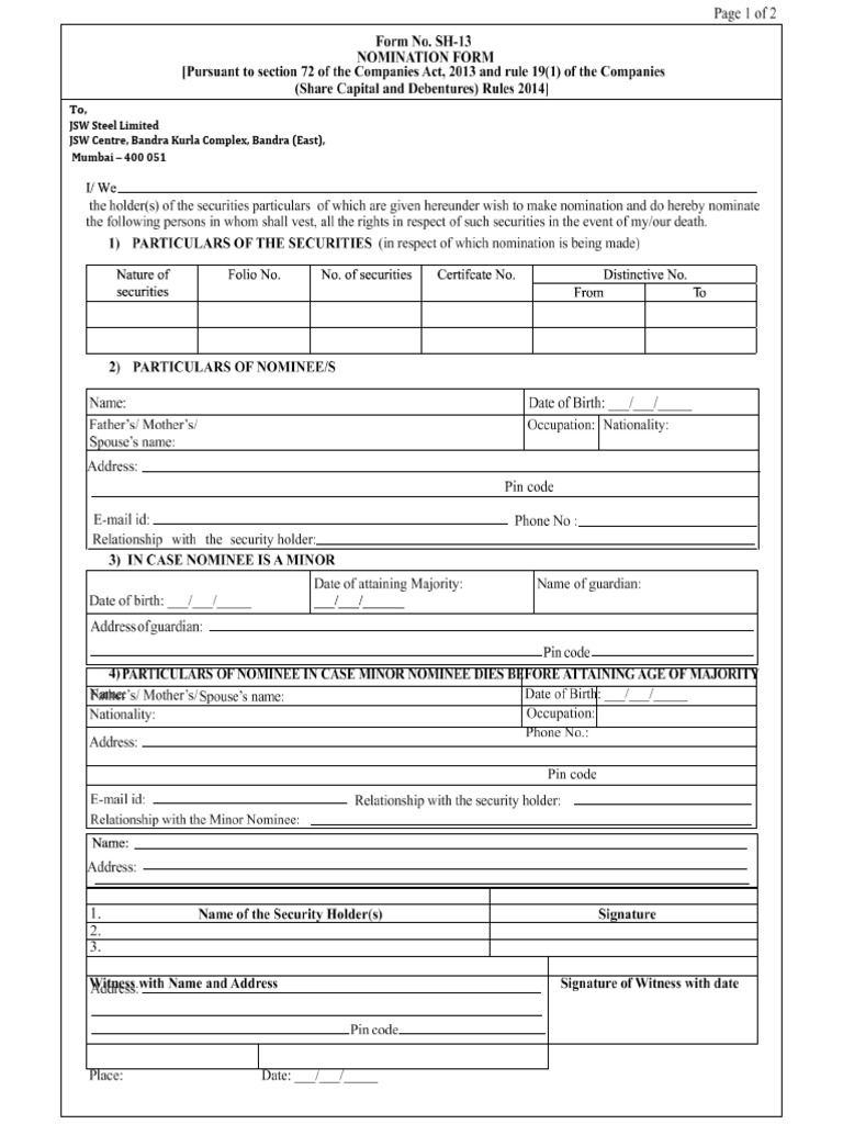 Form SH 13 - Nomination Form | PDF