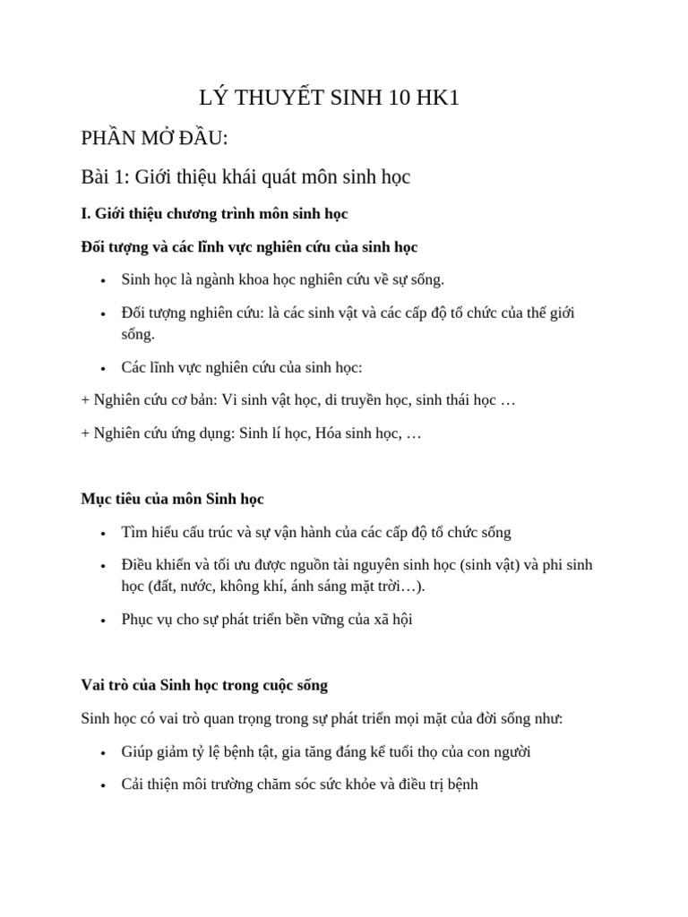 LÝ THUYẾT SINH 10 HK1 | PDF