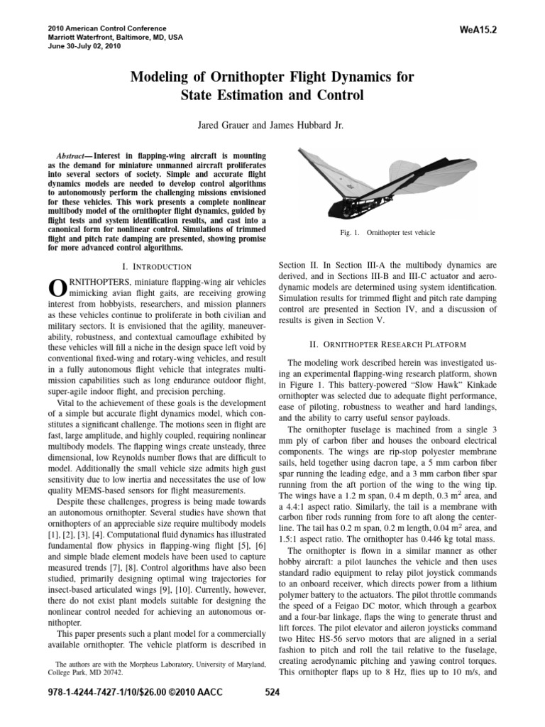Modeling of Ornithopter Flight Dynamics For State Estimation and ...