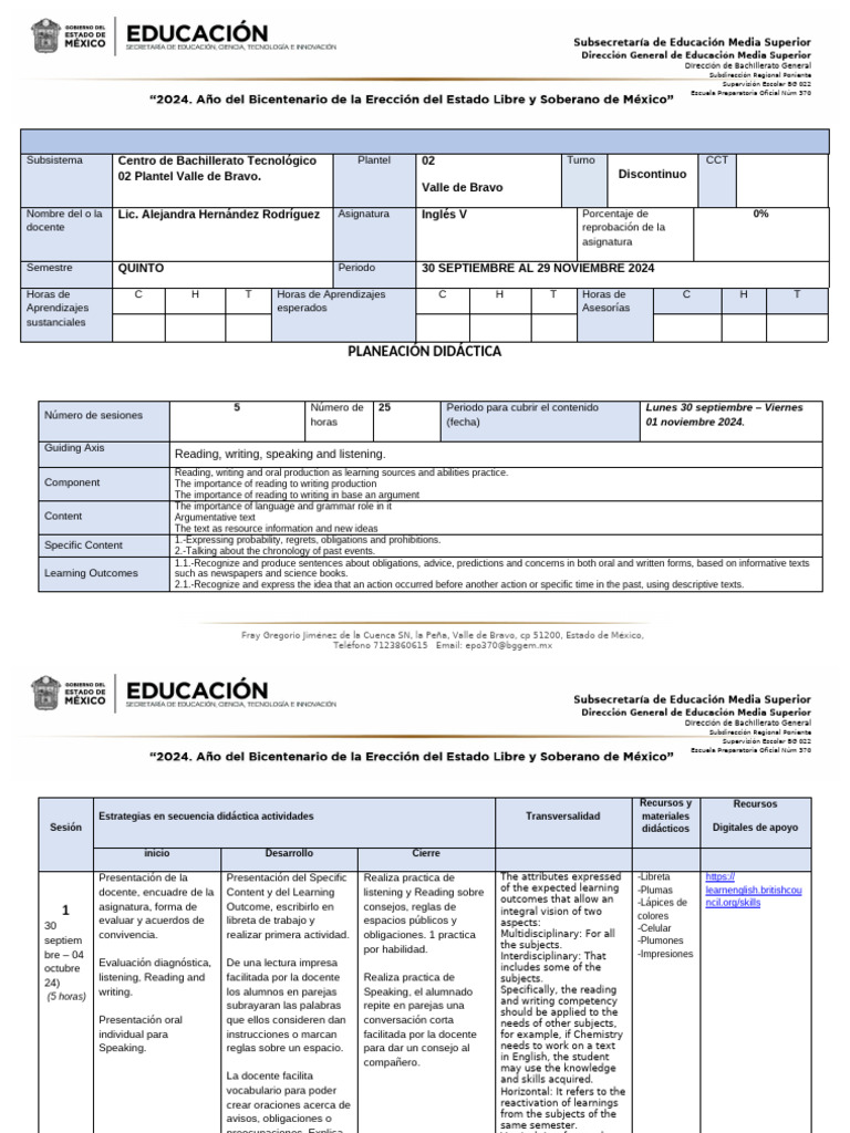 Planeacion Ingles V - Oct - Nov | PDF