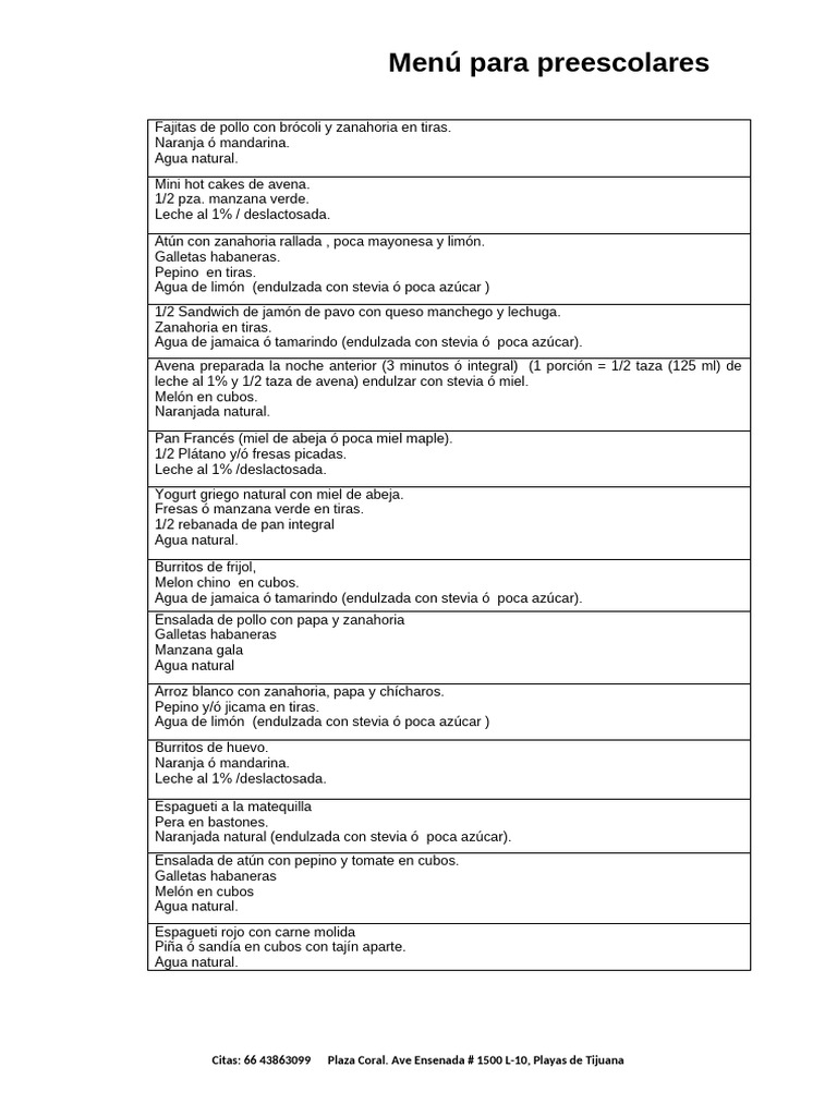 Menu Preescolar Lunch | PDF