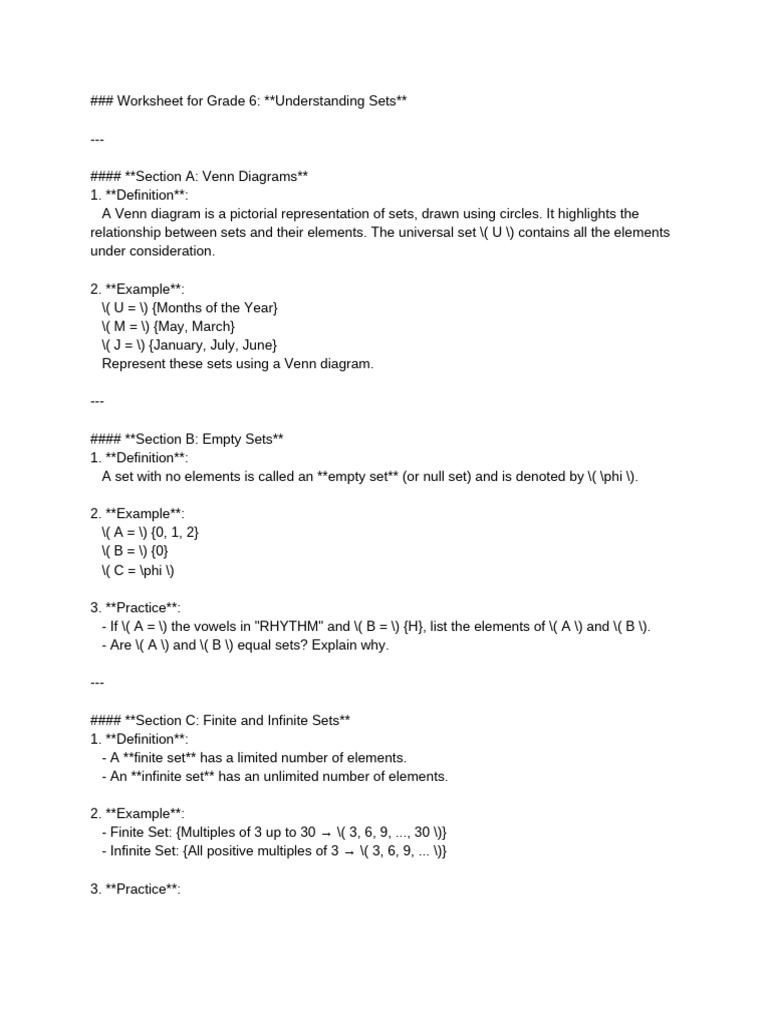 Grade 6 Sets Worksheet Guide | PDF | Set (Mathematics) | Mathematical Logic
