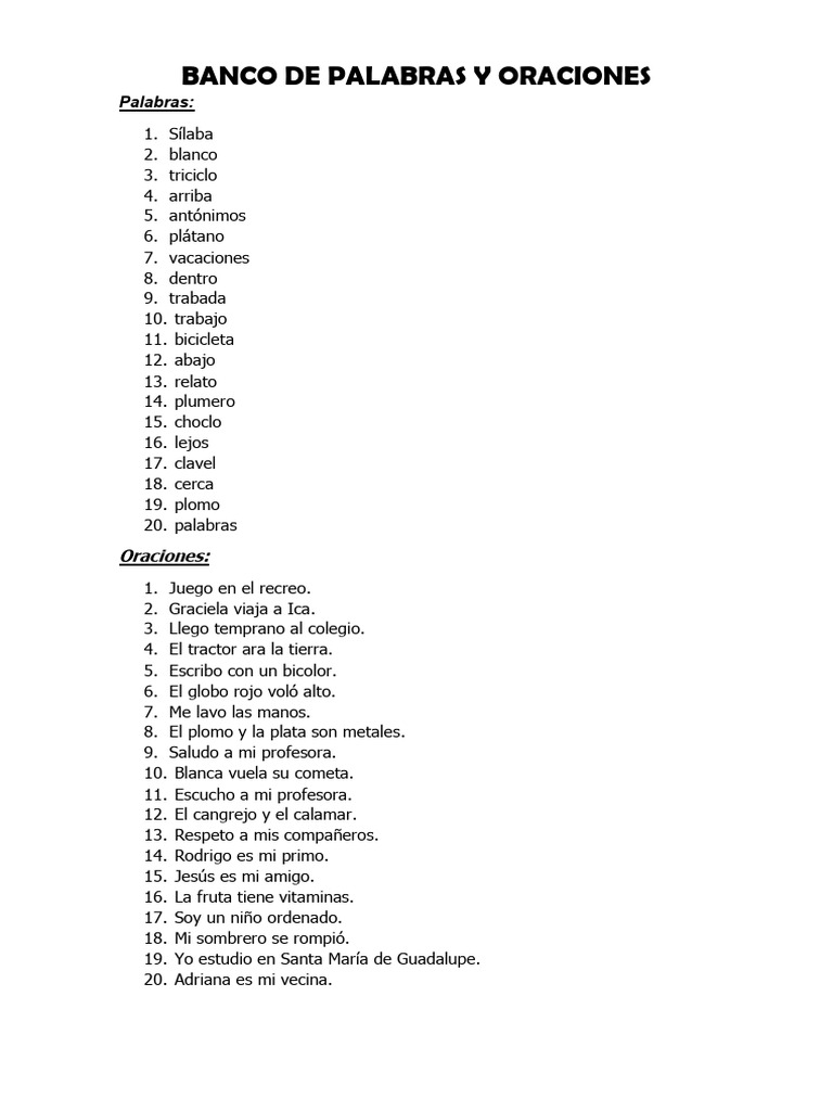 Banco de Palabras y Oraciones (18 - 22 Marzo) | PDF