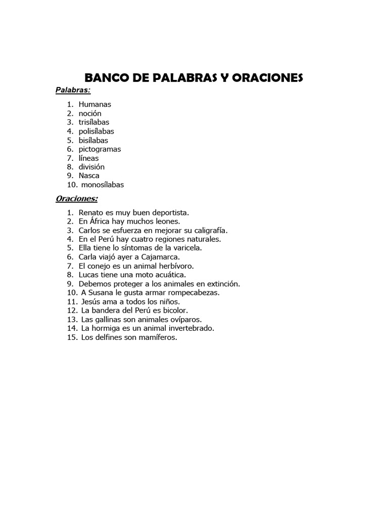 Banco de Palabras y Oraciones (03 - 06 Junio) | PDF