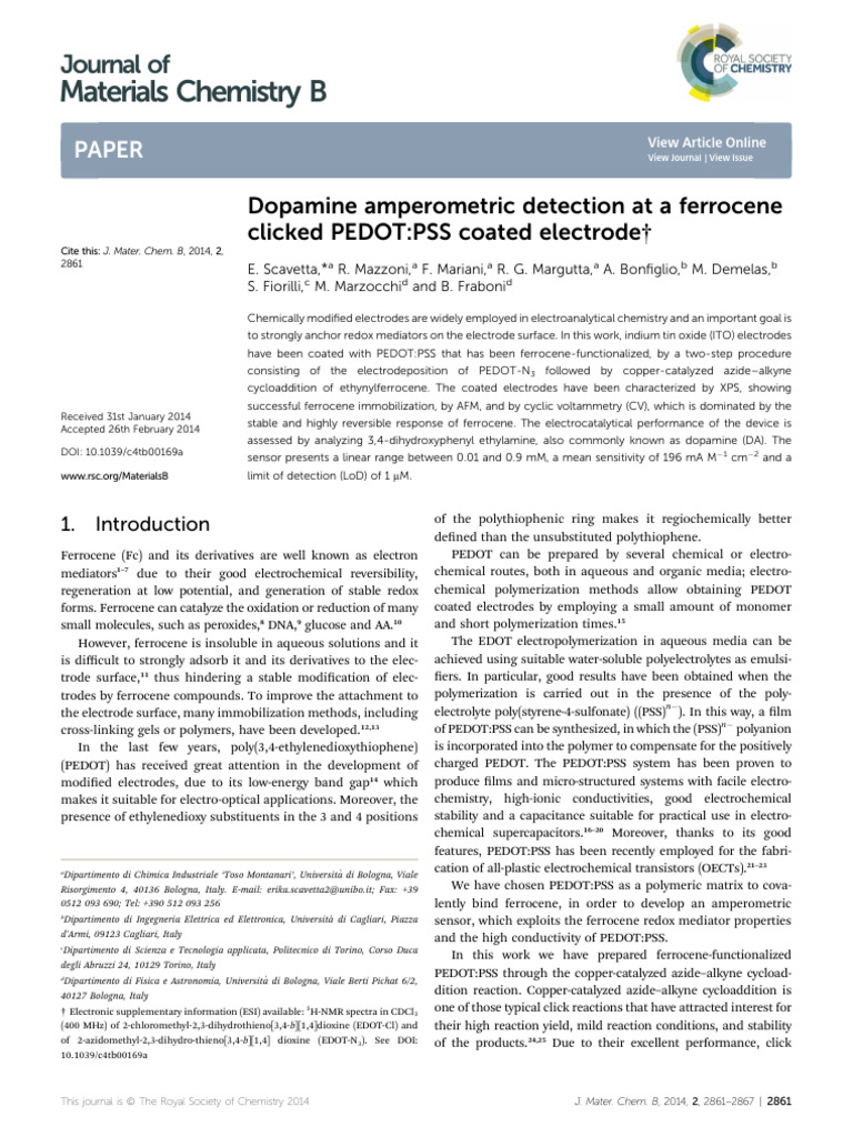 Dopamine Detection with Ferrocene-PEDOT:PSS | PDF | Electrochemistry ...