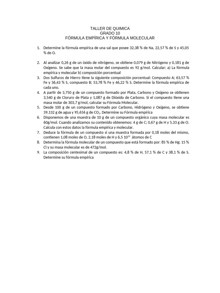 TALLER DE QUIMICA FORMULA EMPIRICA Y FORMULA MOLECULAR | PDF