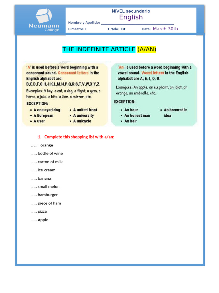 Indefinite Article 1st Grade - (20220331 - 132401) | PDF