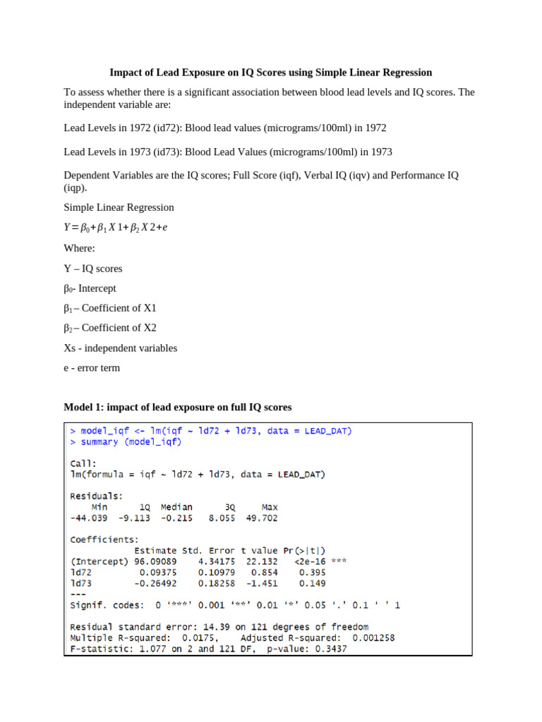 Impact of Lead Exposure On IQ Scores Using Simple Linear Regression | PDF | Linear Regression ...
