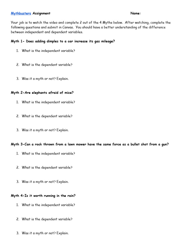Mythbusters Video Assignment Guide | PDF
