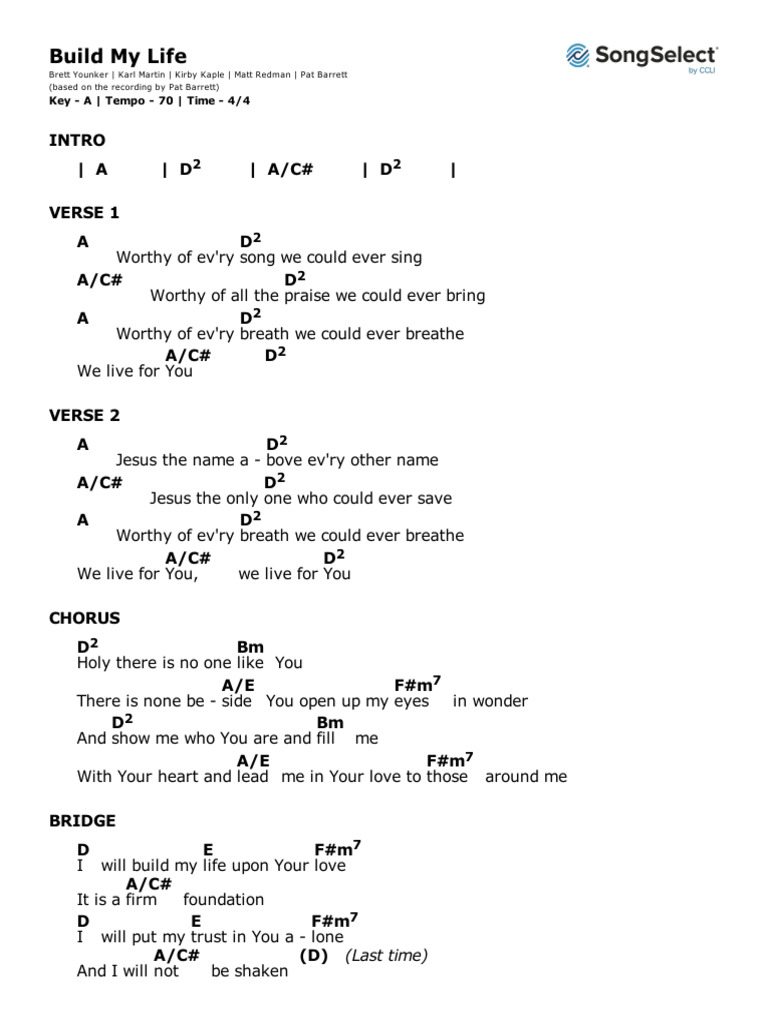 Build My Life - SongSelect Chart in A | PDF
