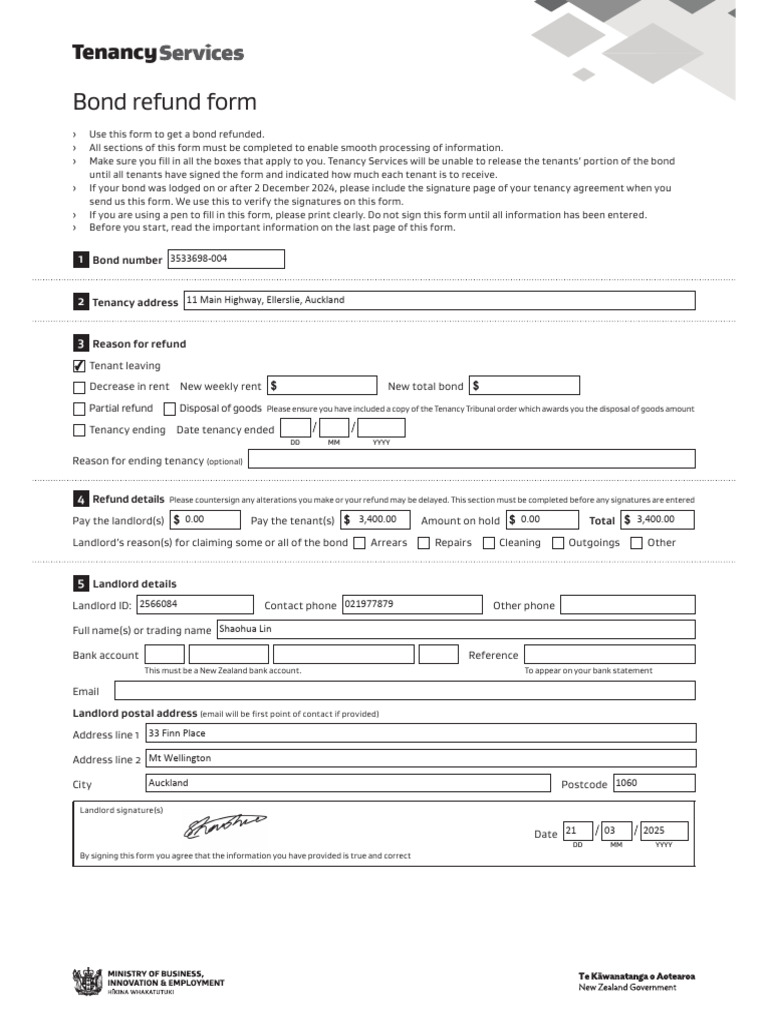 Bond Refund Form - Landlord Signed | PDF | Leasehold Estate | Lease