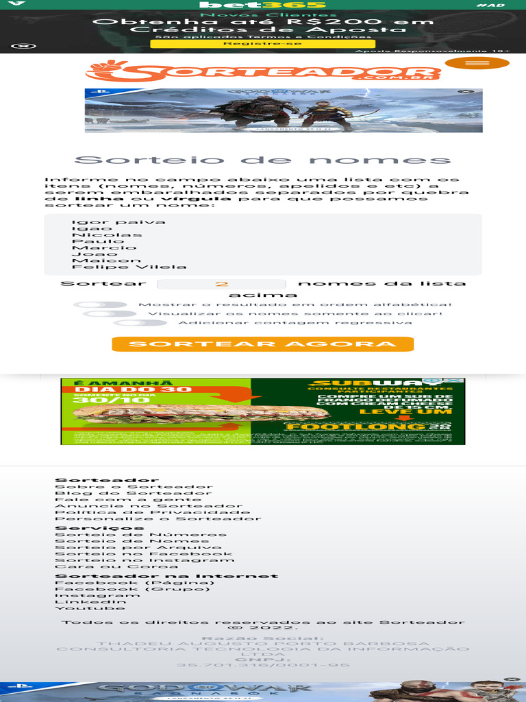Sorteio de Nomes Sorteador - Com.br - É Fácil Sor | PDF