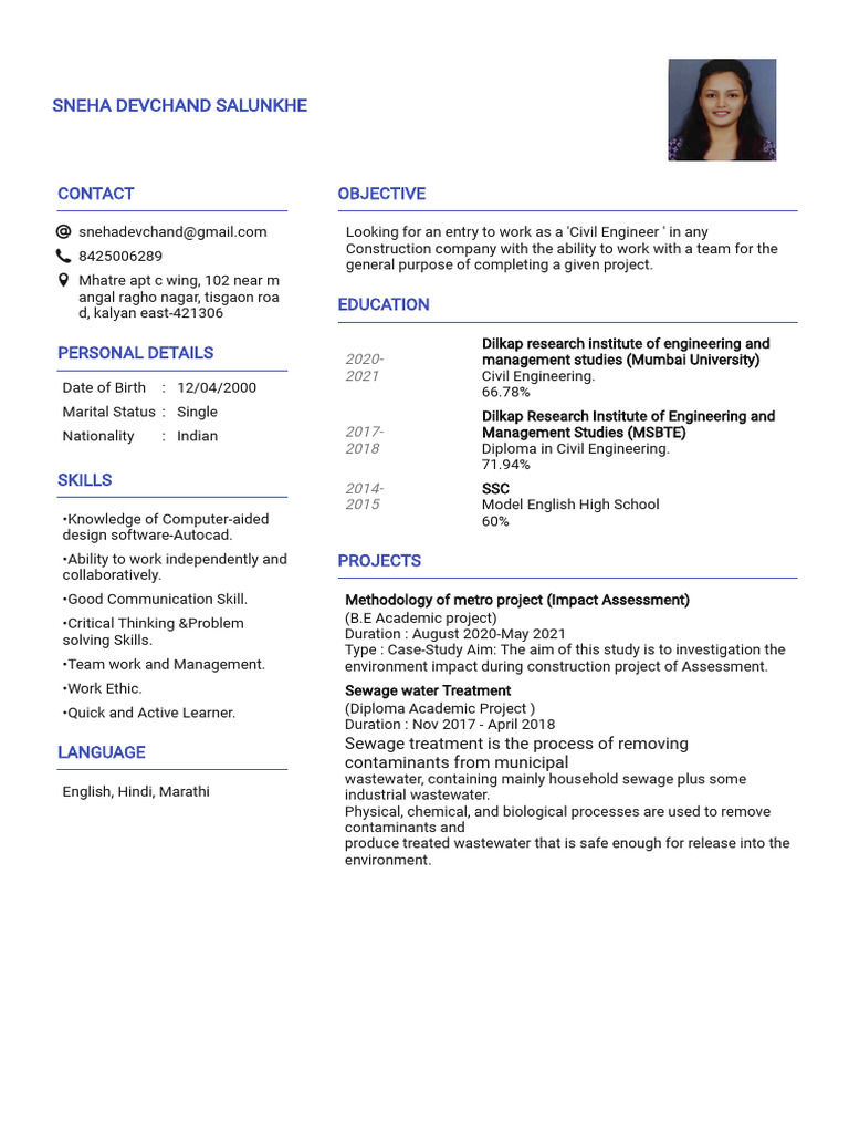 Sneha Salunkhe.... Cv | PDF | Engineering | Sewage