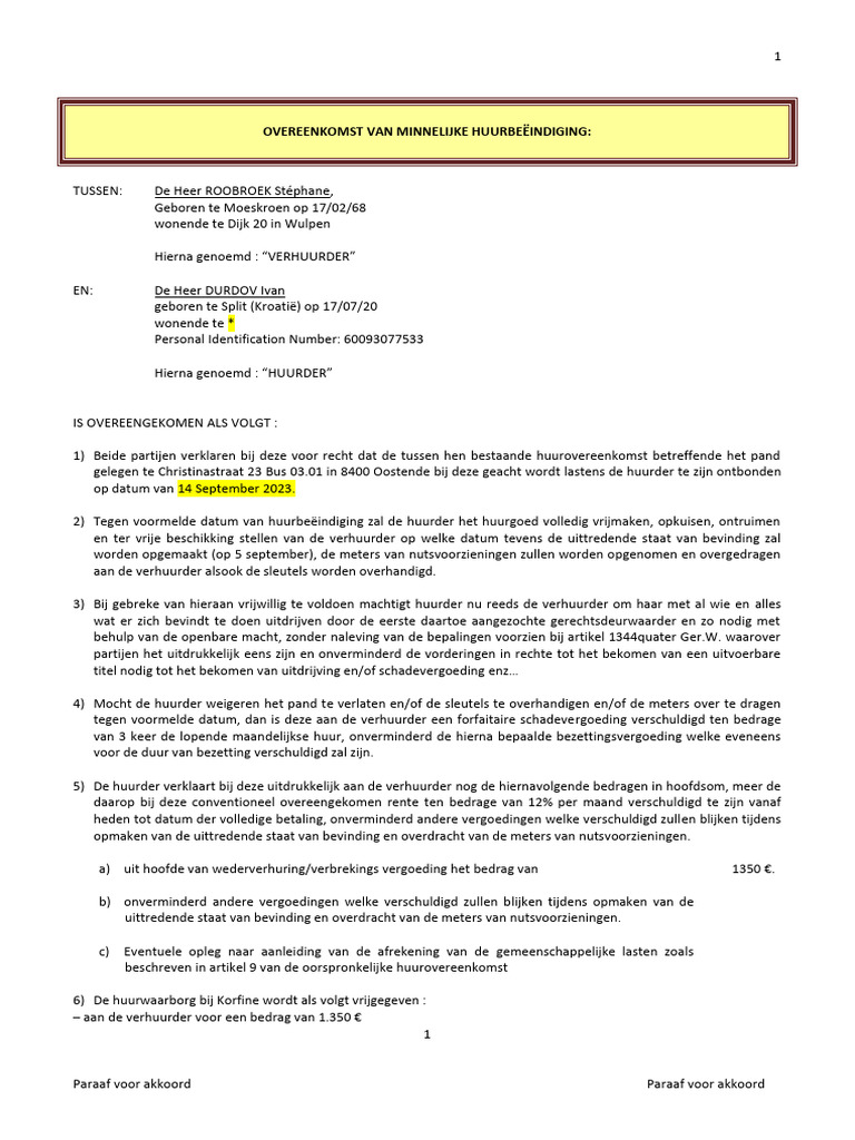 Overeenkomst-Minnelijke-Huurbeeindiging Durdov Draft 1 | PDF
