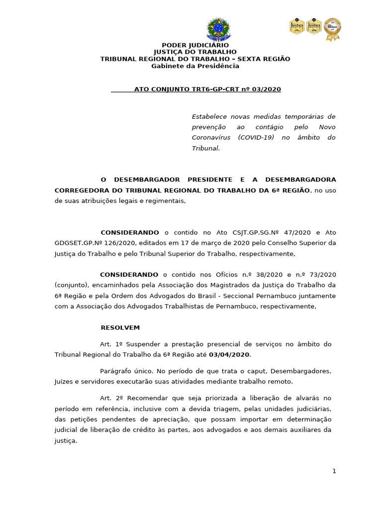 Ato Conjunto TRT GP CRT 03 2020 Covid19 Odt 2 | PDF | Advogado ...