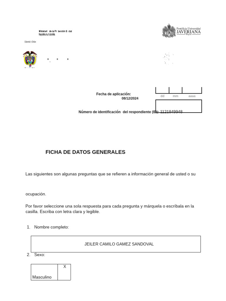 Ficha de Datos Generales Jeiler Camilo Gamez Sandoval | PDF