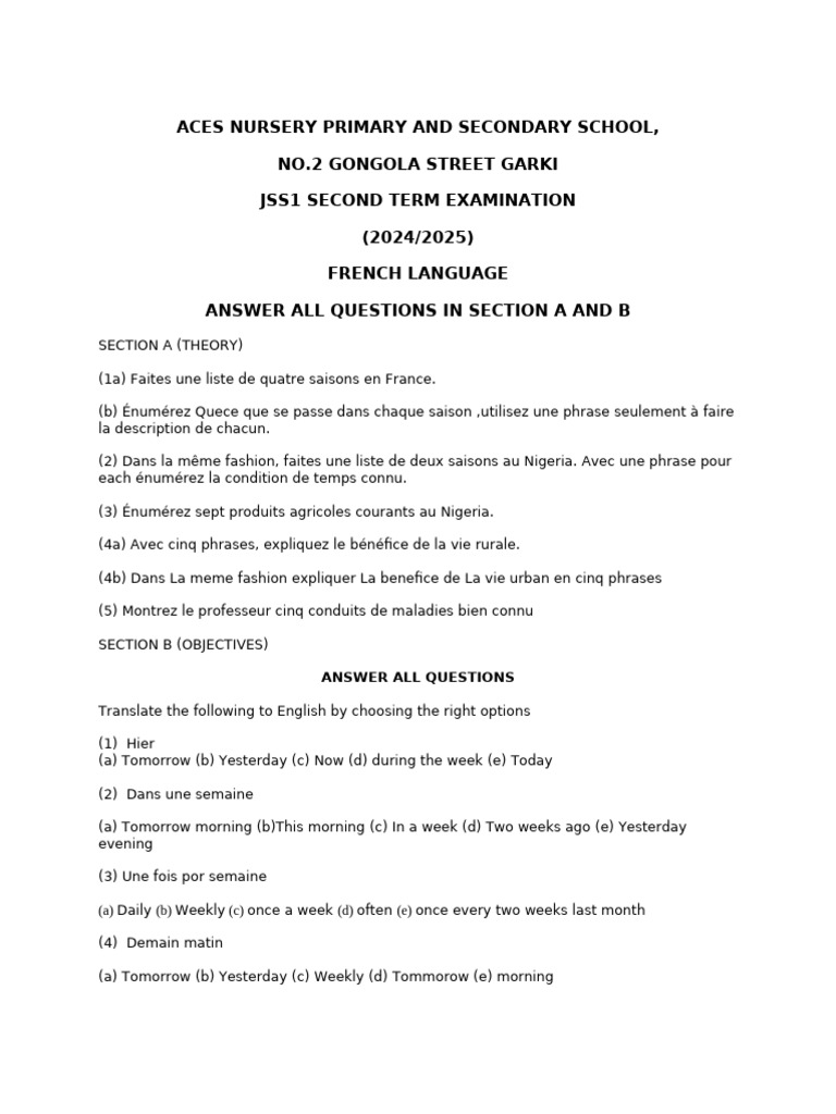 Aces Nursery Primary and Secondary School Jss 1 | PDF | Capsicum | Food ...