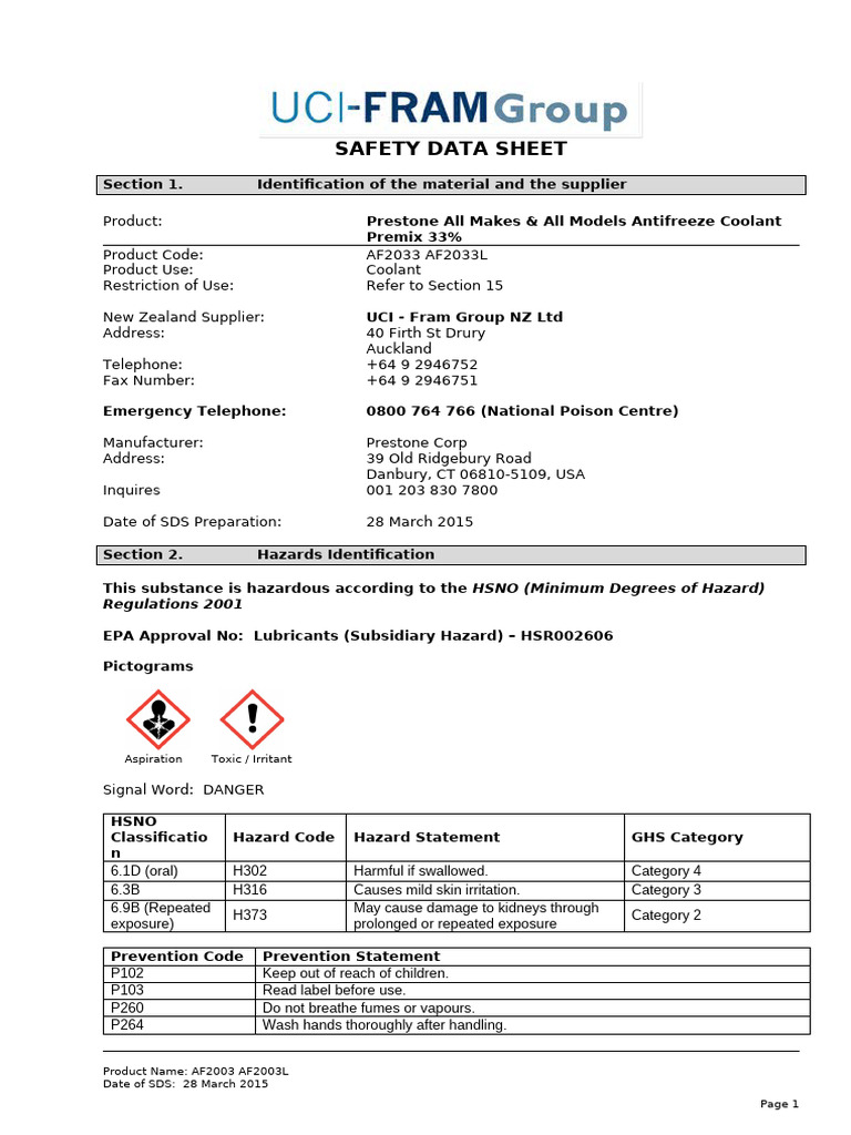Prestone Antifreeze Safety Data Sheet | PDF | Toxicity | Occupational ...