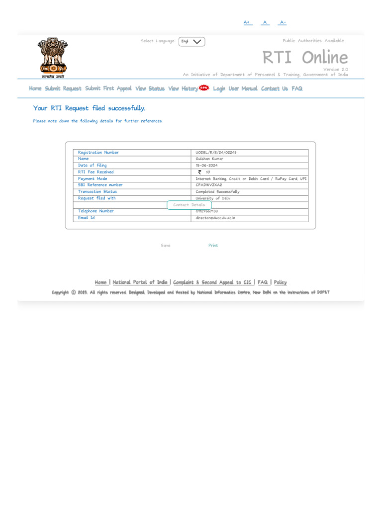 SBI RTI Online Submission Confirmation | PDF