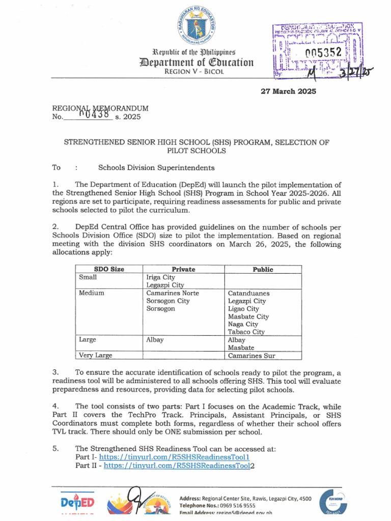 RM - 438 S - 2025 Strengthened Senior High School SHS Program Selection ...