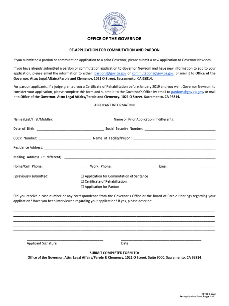 Clemency Re Application FORM.1.23 | PDF | Pardon | Parole