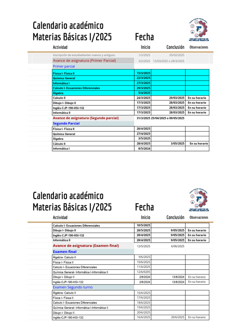 Calendario Academico 2025 - Tareas (1) - 1 | PDF | Informática | Ecuaciones