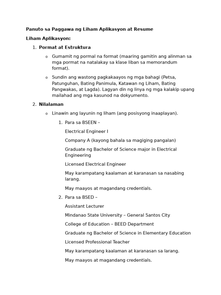 Panuto Sa Paggawa NG Liham Aplikasyon at Resume | PDF