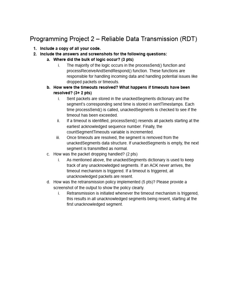 Programming Project 2 – Reliable Data Transmission (RDT) | PDF | Transmission Control Protocol ...