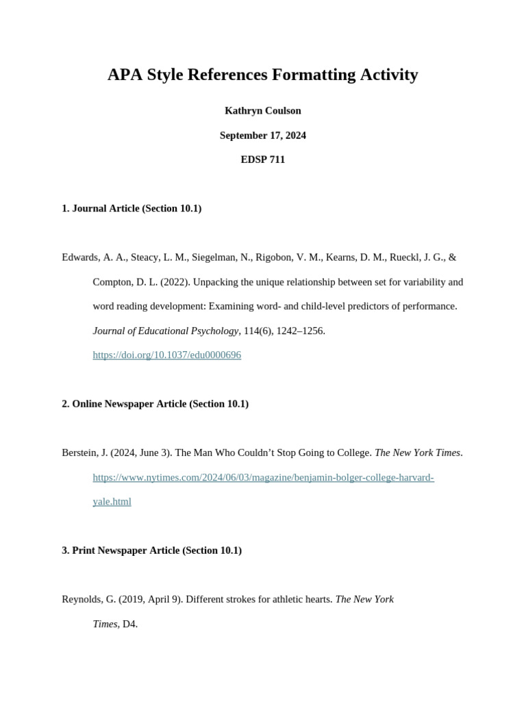APA Style References Formatting Activity - COULSON | PDF | Apa Style | American Psychological ...