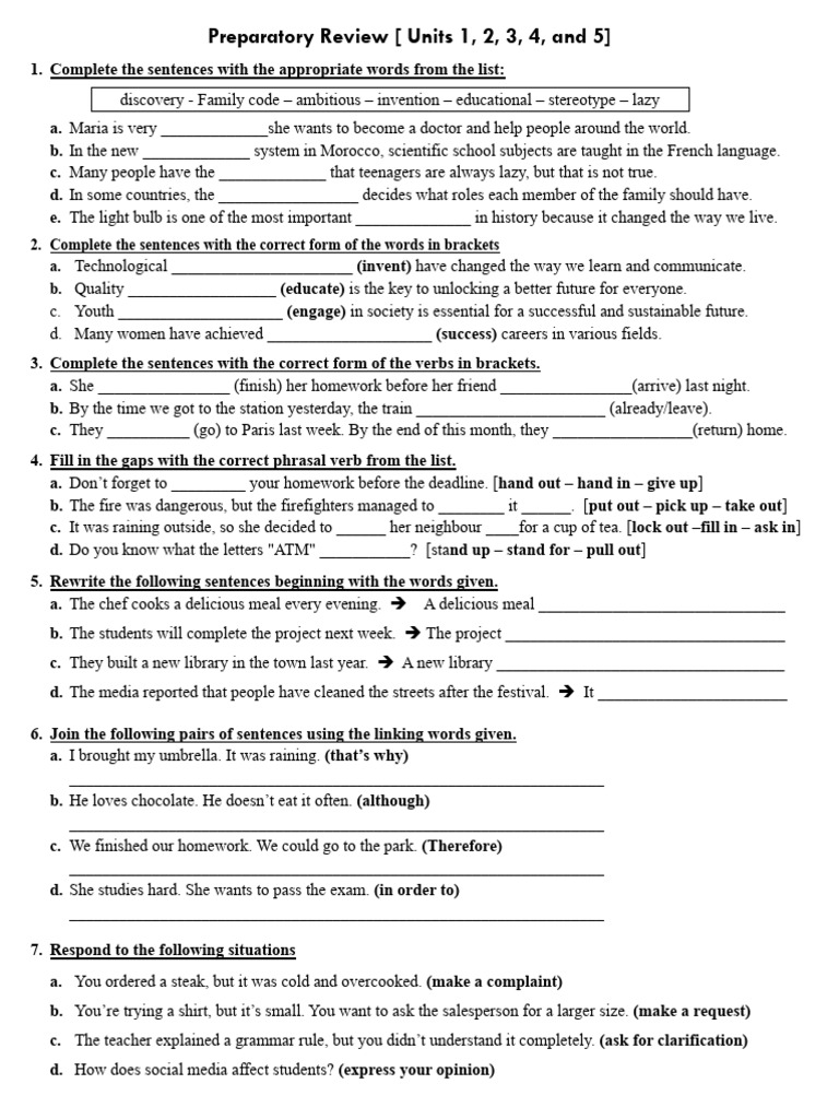 Preparatory Review - Units 1-2-3-4-5 | PDF | Grammar | Syntax