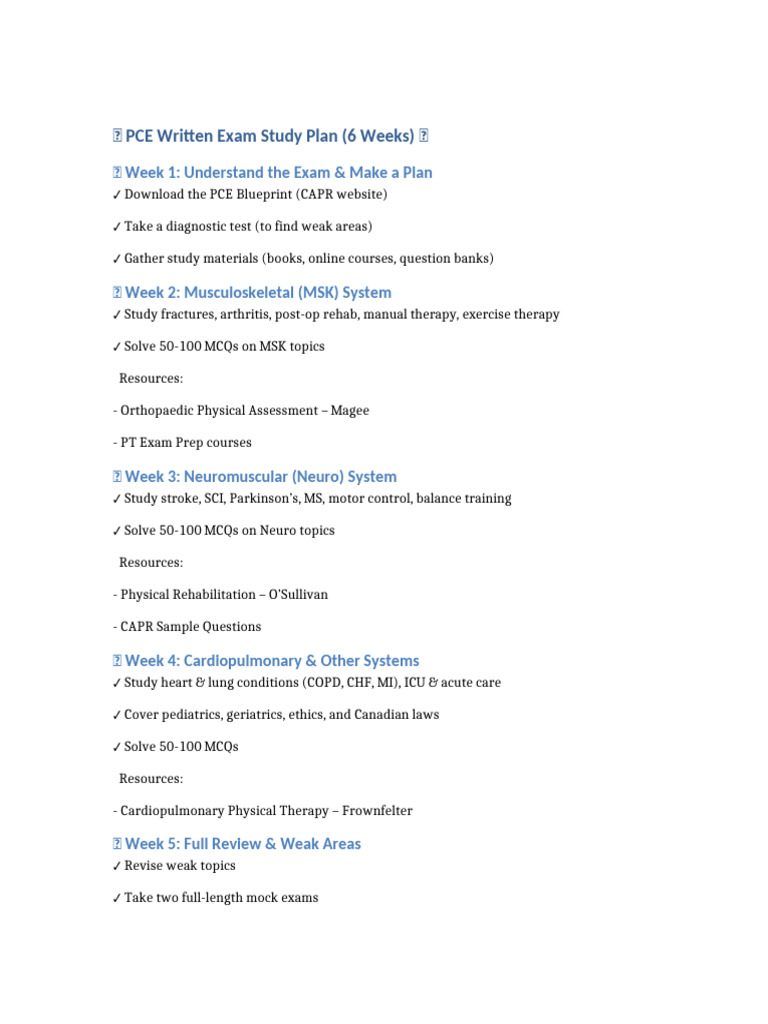 PCE Exam 6-Week Study Plan | PDF