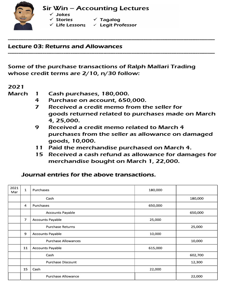 Lecture 03 Return and Allowances | PDF | Accounts Payable | Business
