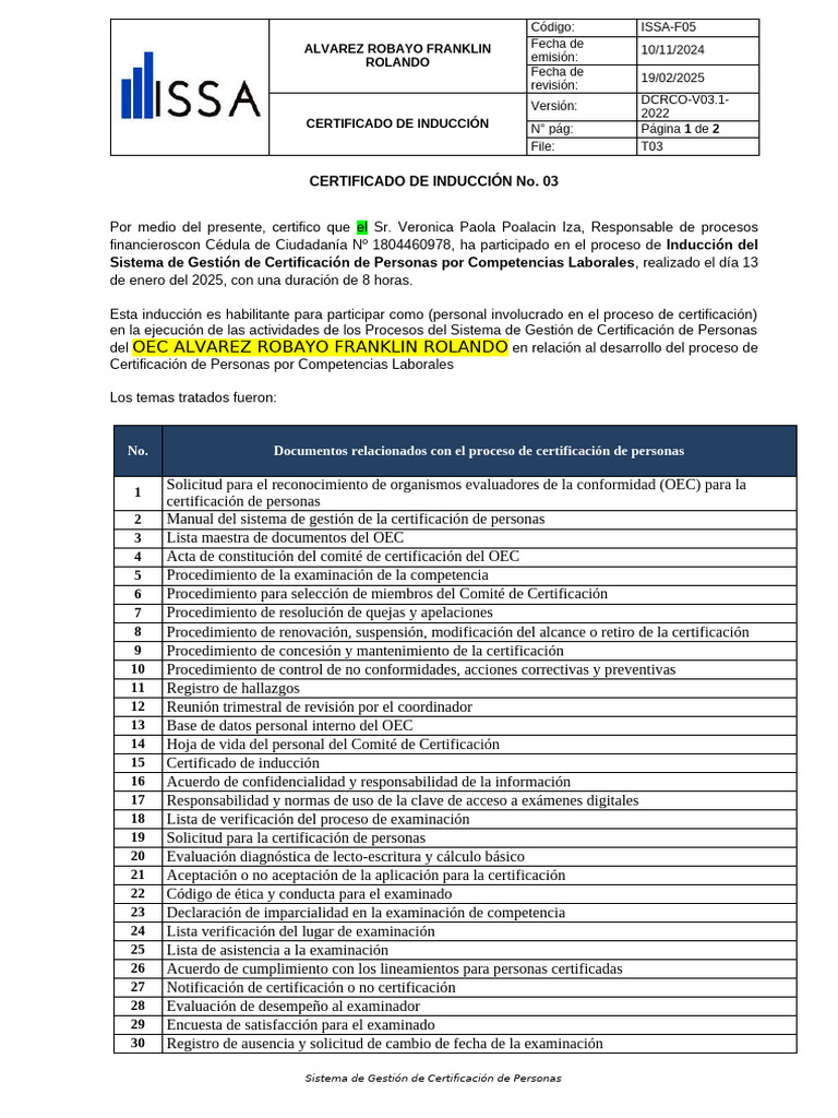 T03 - 5 Certificado-De-Induccion VERONICA PAOLA POALACIN IZA | PDF