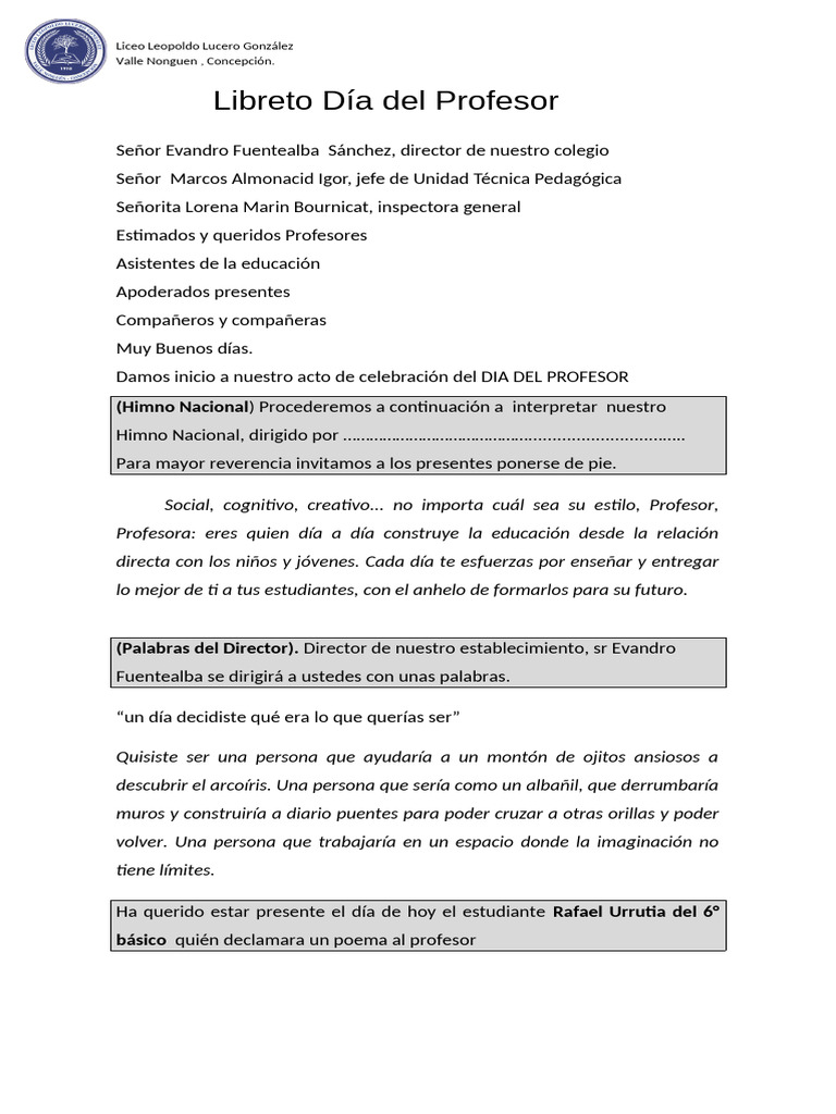Libreto Dia Del Profesor OFICIAL | PDF | Maestros | Enseñando