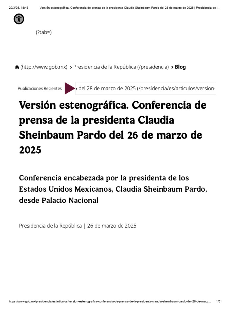 Versión estenográfica. Conferencia de prensa de la presidenta Claudia Sheinbaum Pardo del 26 de ...