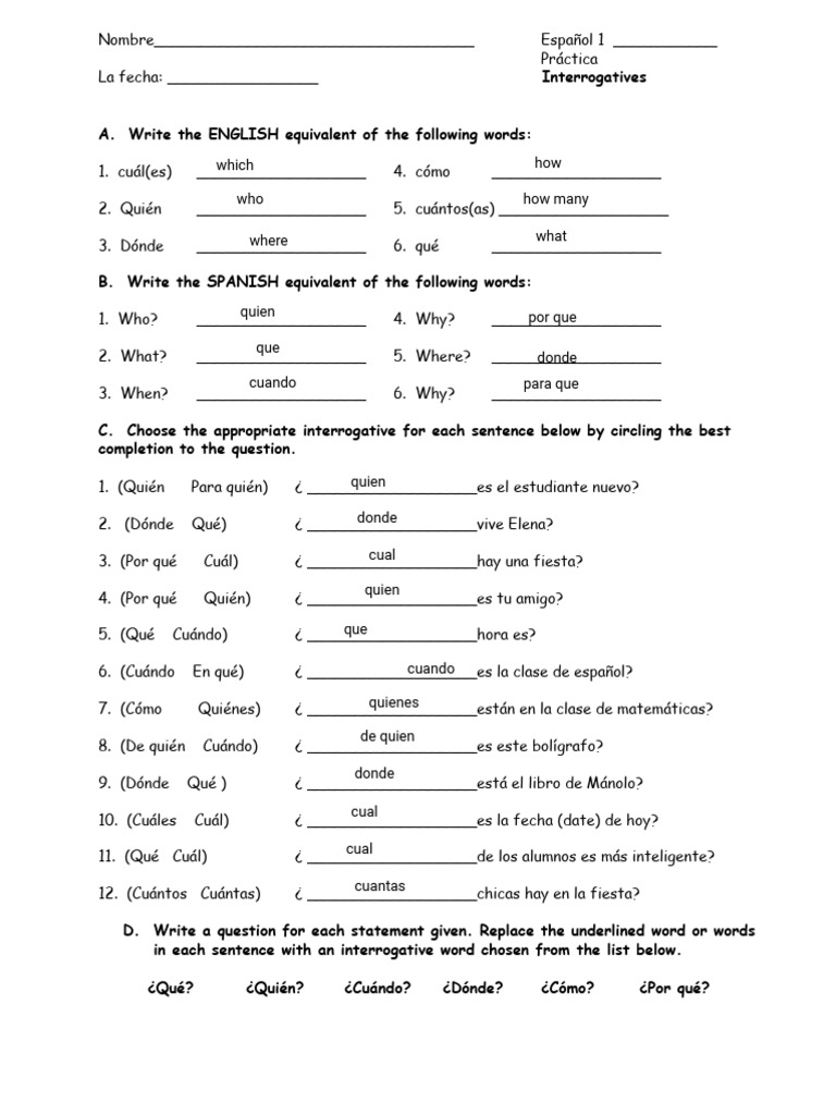 Interrogativos en Español: Ejercicios Prácticos | PDF