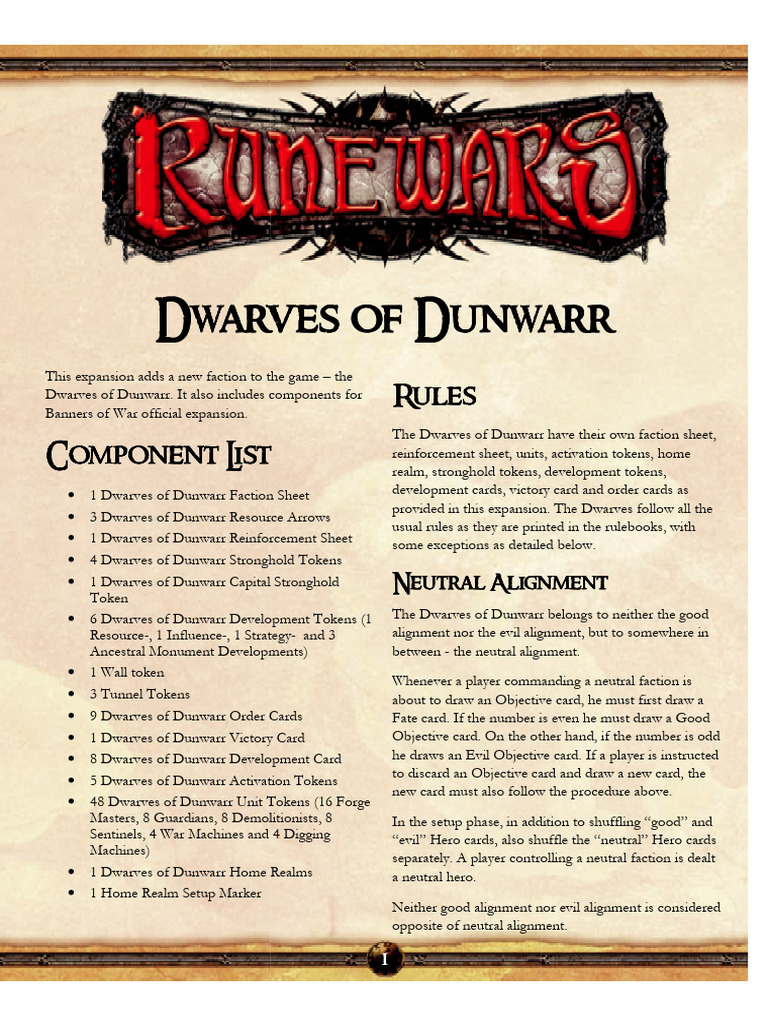 Dwarves of Dunwarr Expansion Rules | PDF | Tabletop Games | Games Of Mental Skill