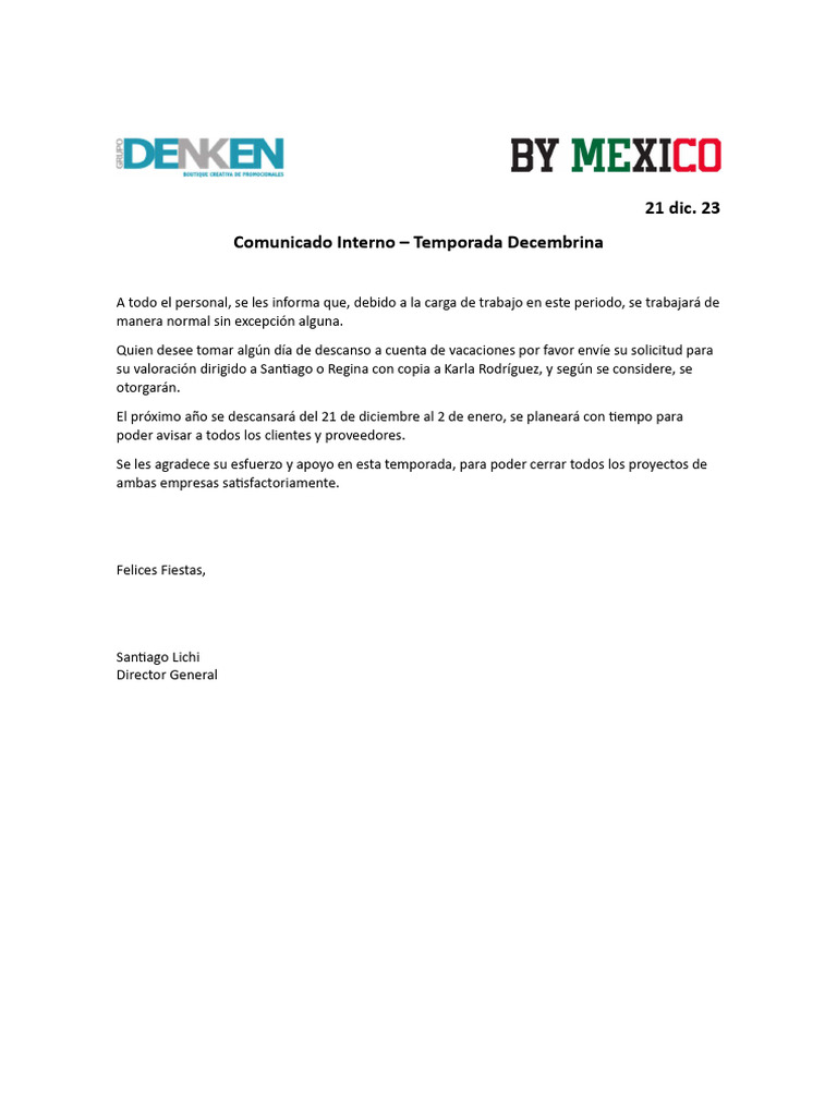 Comunicado Interno 21Dic'23 | PDF