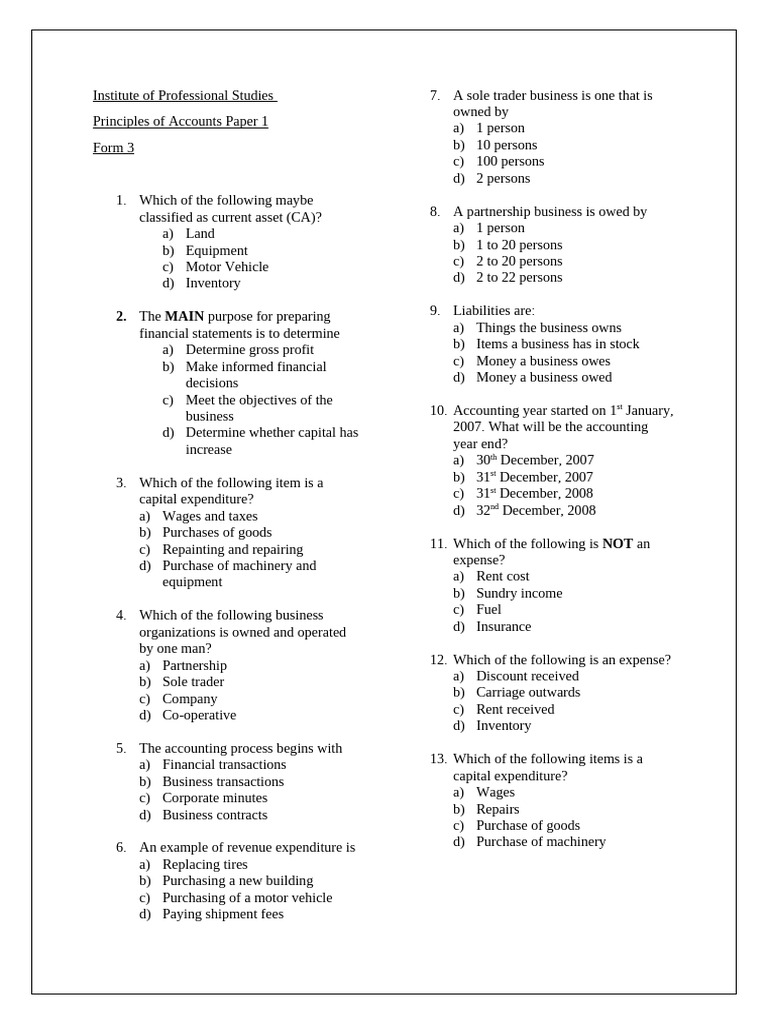 form 3 poa paper 1 | PDF | Expense | Revenue