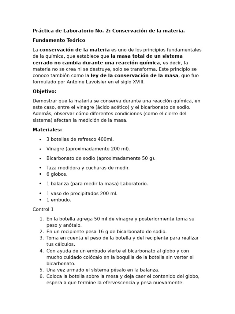 Conservación de la Materia en Reacciones Químicas | PDF | Química | Vinagre
