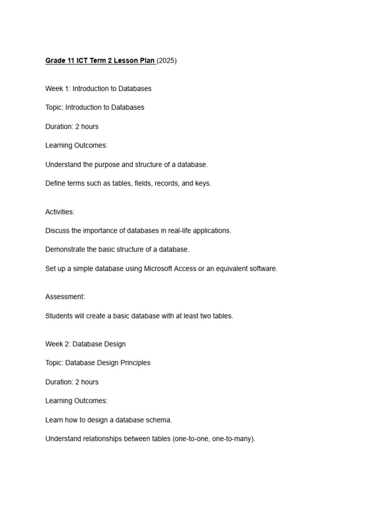 Term 2 GR 11 ICT Lesson Plan | PDF | Databases | Sql